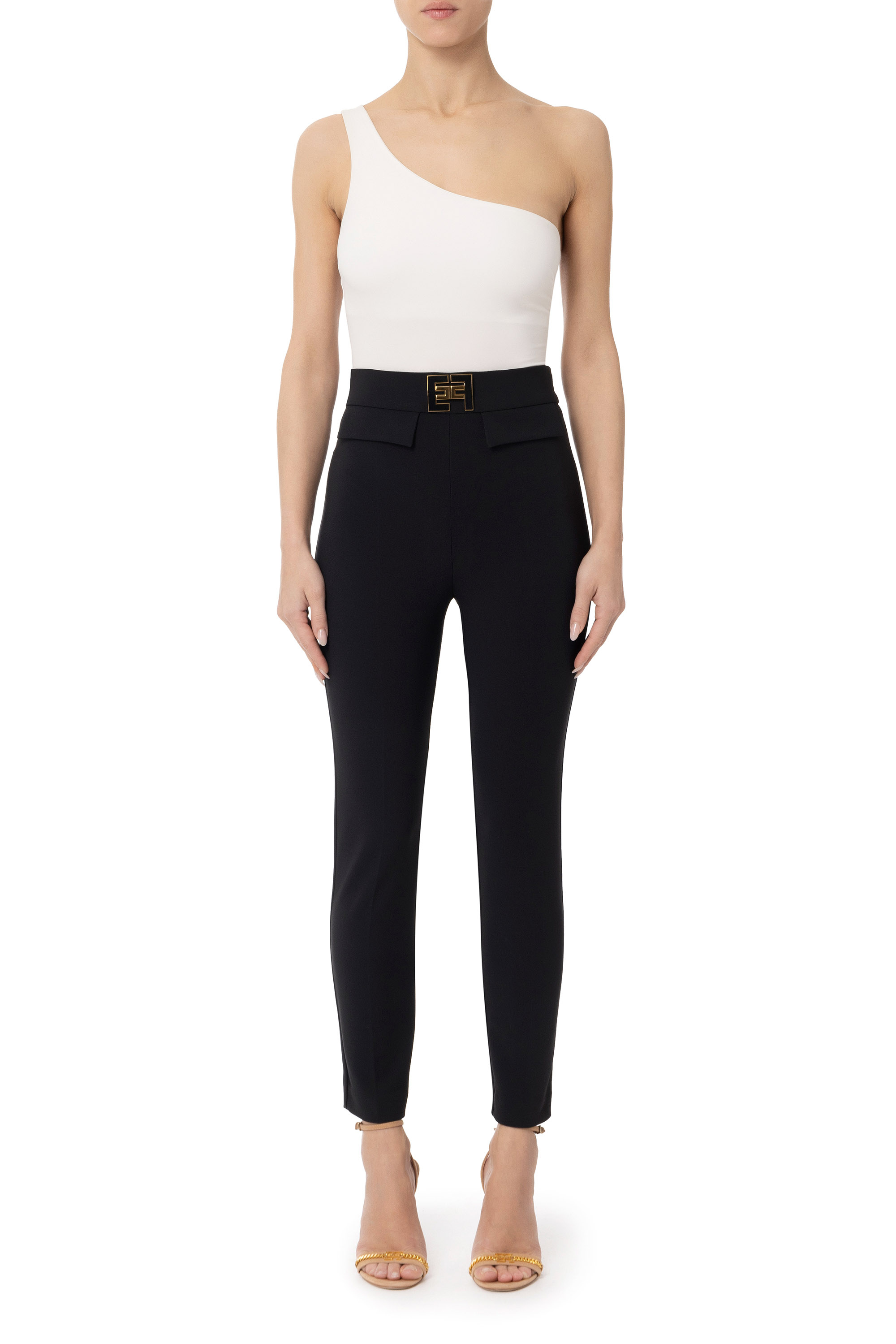Pantalone dritto in crêpe stretch con rivetto logo | Elisabetta Franchi ...